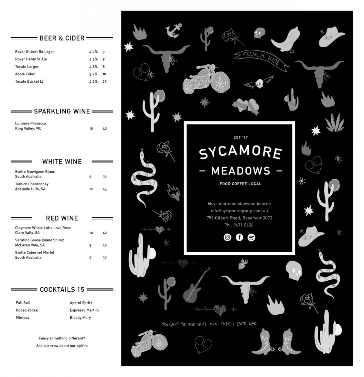 Drinks Menu - Sycamore Meadows Cafe